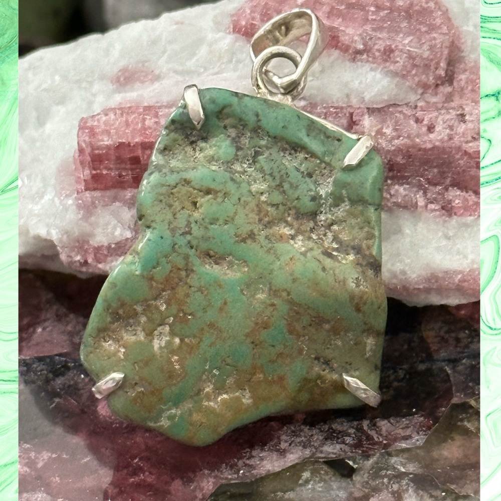 Turquoise Rough Big Chunk Rock Sterling Silver Pendant - Gem